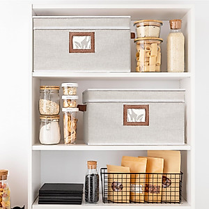 Storage Boxes with Lids, 3 Pack Fabric Collapsible Storage Organizer Container with Leather Handle, 15.25 x 10.75 x 8.25 inch Rectangular Storage Bins Baskets for Shelves Home Nursery, Ivory White