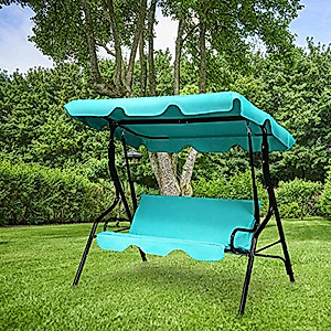 Moccha 3 Person Outdoor Patio Swing Canopy Hammock with Steel Frame, Adjustable Tilt Awning, Weather Resistant Polyester Fabric, Padded Cushion, for Garden, Deck, Poolside, Turquoise