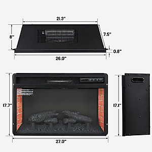 ROVSUN 26" Recessed Electric Fireplace Insert w/Remote Control Timer Adjustable Space Heater FireBox, 3 Flame Brightness, Two Side Built-in Wall Tiles Logs,CSA Listed(Black)