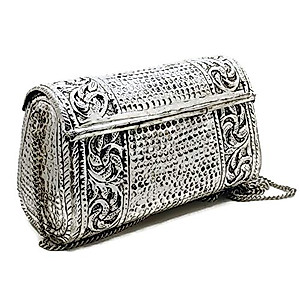 Trend Overseas women gift bridal bag Brass Metal Clutch Sling Bag Indian Ethnic Antique clutch (Silver)
