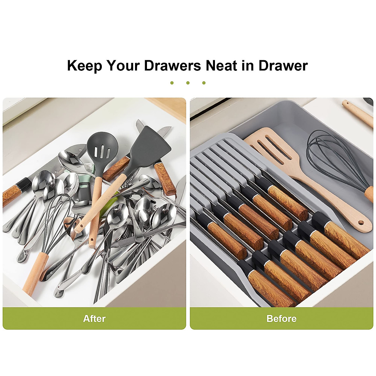 SOMIER Expandable Knife Organizer, Kitchen Drawer Knife Block with Adjustable Compact Flatware Cutlery Tray for Cooking Utensils, 2 Tier Knife Holder Insert for 11 Knives Storage, Gray