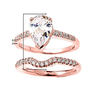 10K Rose Gold Pear Shaped Cubic Zirconia Engagement Ring and Matching Contour Wedding Band Bridal Set - Size 10