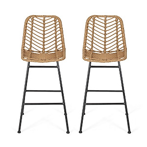 GDFStudio Outdoor Wicker Barstools (Set of 2), Light Brown and Black