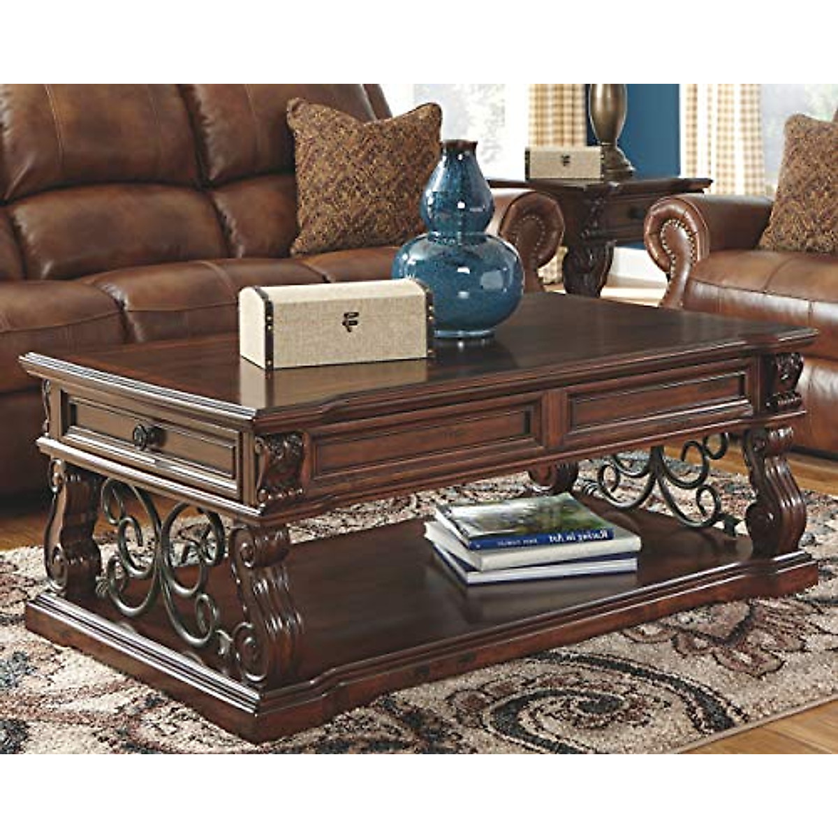 Signature Design by Ashley Alymere Traditional Lift Top Coffee Table, Hand-Finished with 2 Storage Drawers and Fixed Floor Shelf, Dark Brown