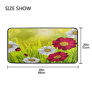 White and Red Daisy Floral Kitchen RugsCute Ladybugs Kitchen Mat Vibrant Cushioned Chef Soft Non-Slip Floor Mats Washable Doormat Bathroom Runner Area Rug Carpet