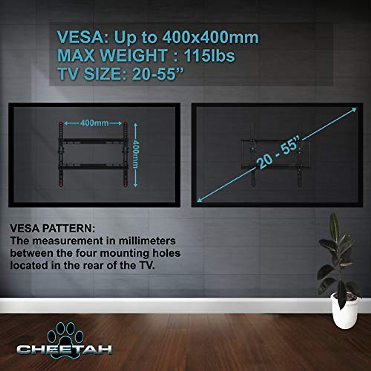 Cheetah APTMSB TV Wall Mount for 20-55” TVs up to VESA 400 and 115lbs, and fits 16” Wall Studs, and Includes a Tilt TV Bracket, a 10’ Twisted Veins HDMI Cable and a 6” 3-Axis Magnetic Bubble Level