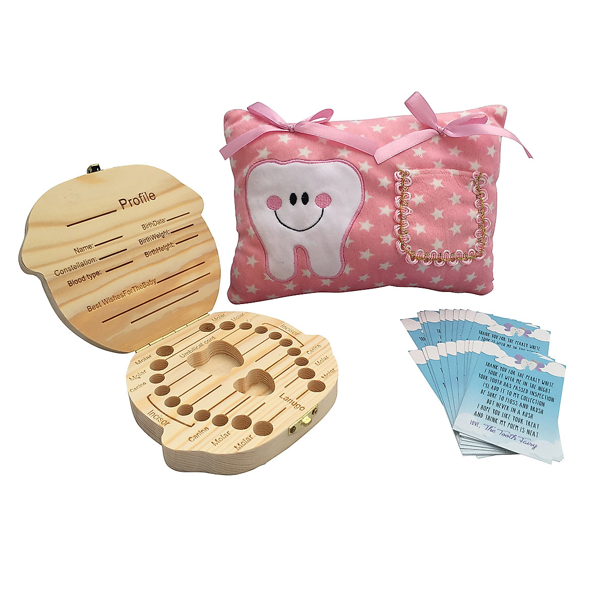 APOWUS Girls Tooth Fairy Kit with Pink Pillow, Wood Box Organizer, 20 Letters