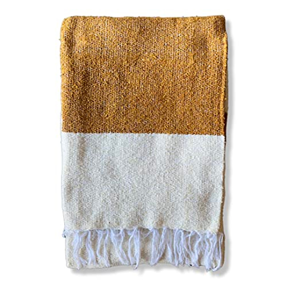 Sundream Supply Mexican Blanket - Thick Authentic Handwoven Beach Blanket, Perfect Outdoor Serape Throw for Picnics Yoga & Camping, Soft Home Decor Falsa Throw, Modern Baja Blanket (Gold & Cream)