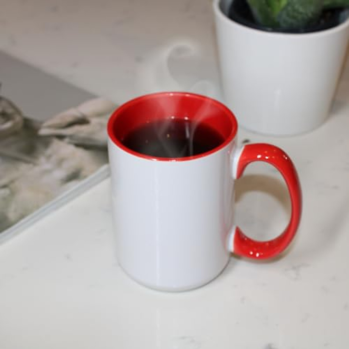SDN CUSTOM 15 oz AAA Coated White Sublimation Ceramic Mug with Inner Color and Red Handle - Blank Ceramic Coffee Cups Set for Printing and DIY Gifts – Oven and Mug Press Compatible (6 Pack)