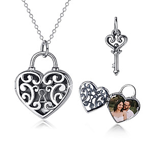 Cuoka Heart Locket Necklace That Hold Two Photos, 925 Sterling Silver Lock and Key Set, Mother Day Anniversary Birthday Gift for Women Girlfriend Daughter with Gift Box (Key & Heart)