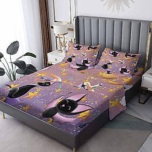 Halloween Sheets Full Size, Black Cat Bat Bed Sheets, Patterned Bedding Sheets & Pillowcases 4 Piece Set - Soft Microfiber Deep Pocket Fitted Sheet & Flat Sheet & 2 Pillow Cases L6-&-248