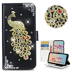 STENES Bling Wallet Phone Case Compatible with Samsung Galaxy Z Fold 2 5G - Stylish - 3D Handmade Crystal Peacock Magnetic Wallet Leather Cover with Neck Strap Lanyard & Screen Protector - Black