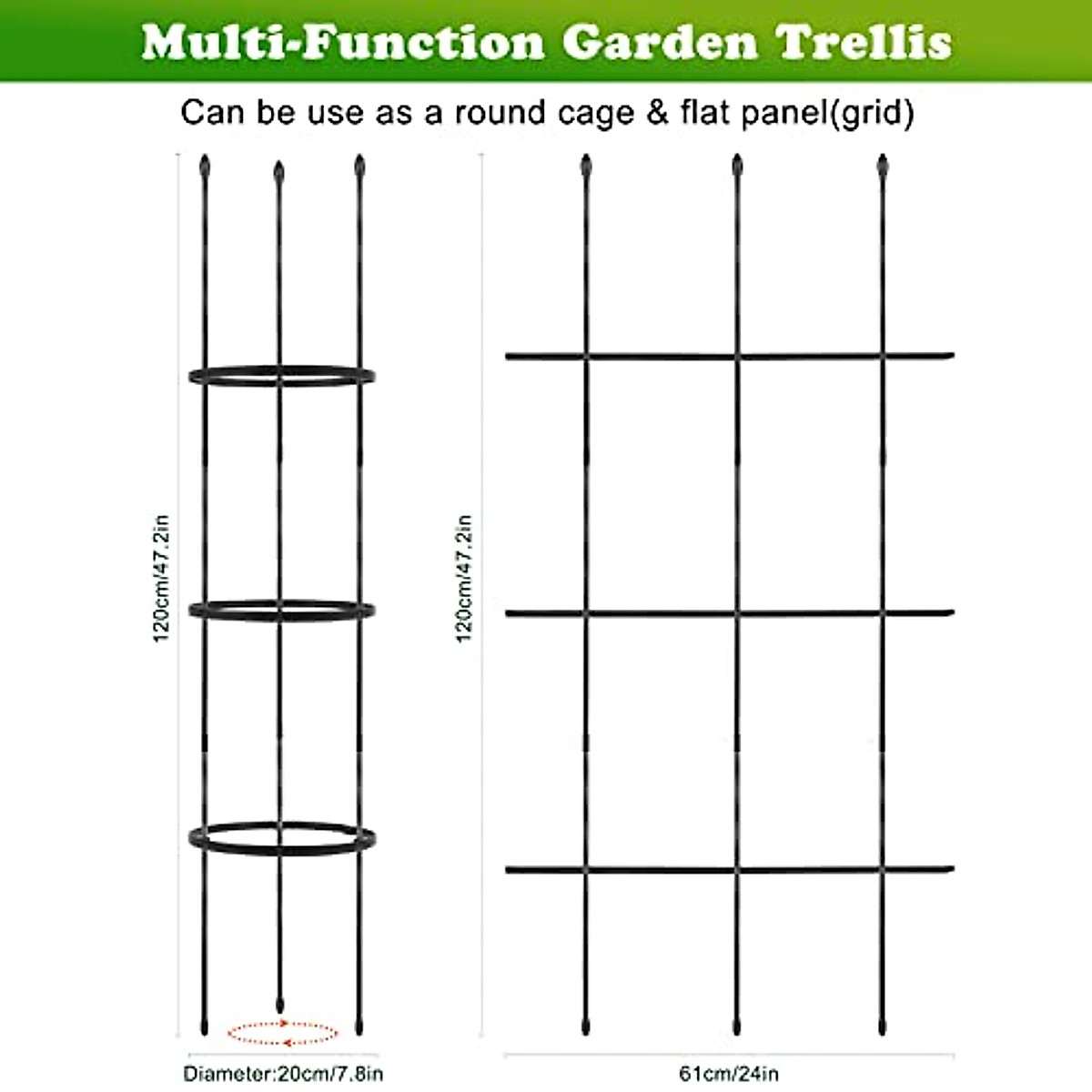 2 Pack Garden Trellis, 2 in 1 Plant Cages & Supports for Vines Crop, Plant Trellis for Climbing Plants Indoor Outdoor, Plant Stake for Flower, Vegetable, Tomato,Vines, Pot Trellis for Potted Plants