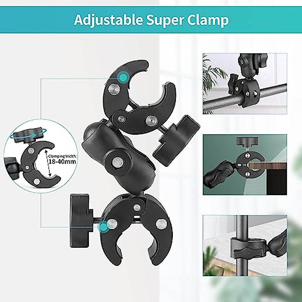 JEBUTU Super Clamp Double Camera Clamp, Double Mount Clamp Bracket Magic Arm Double Ball Head, Crab Plier Clip Bracket with Ballhead for Light Stand, Photography Reflector, Umbrella, Tripod, Table
