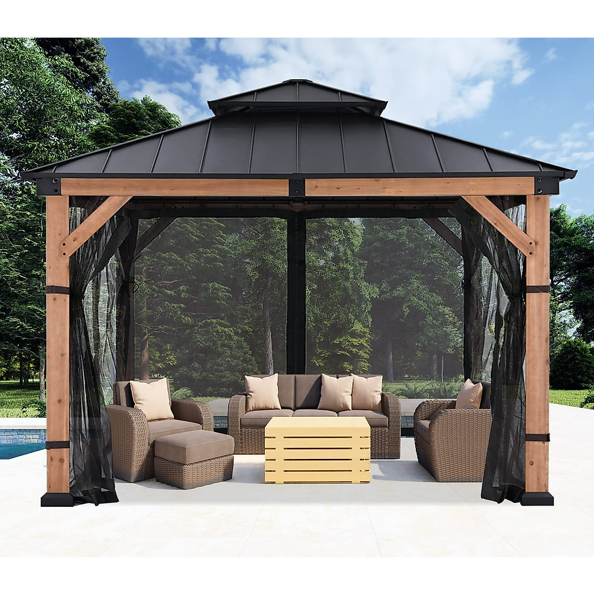 ABCCANOPY Wood Gazebo 11x11 - Outdoor Patio Wooden Gazebo with Hardtop Metal Double Roof with Mosquito Netting for Garden, Backyard and Deck
