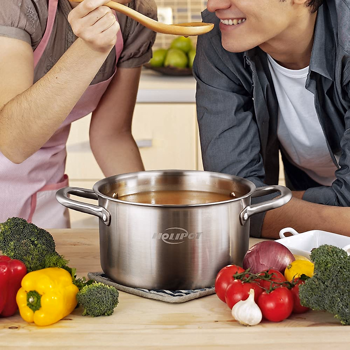 HOLIPOT Stock Pot, 3.5 Quart Tri-Ply Stainless Steel Pot with Double Handle, Soup Cooking Pot with Lid and Mini Silicone Oven Mitts, Induction Compatible, Dishwasher Safe