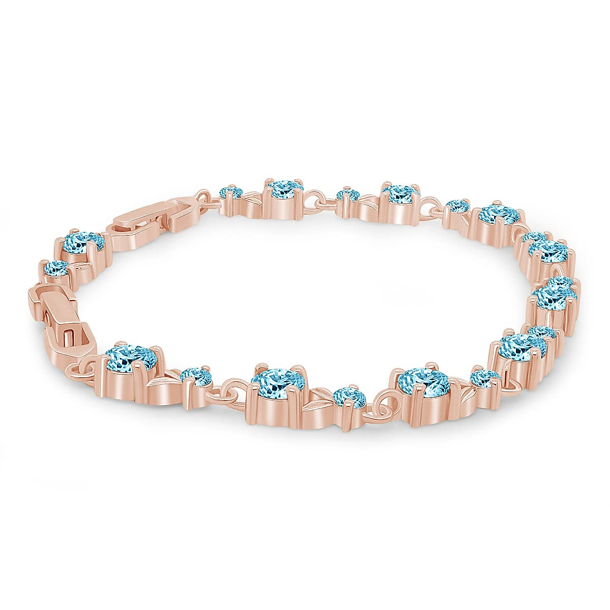 AFFY 14k Rose Gold Over Sterling Silver Leaf Shape Tennis Bracelet Round Shape Simulated Aquamarine 7.25"