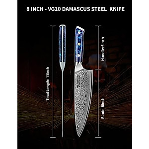 SANMUZUO Chef Knife - 8 inch - Xuan Series - VG10 Damascus Steel Kitchen Knife - Resin Handle (Sapphire Blue)