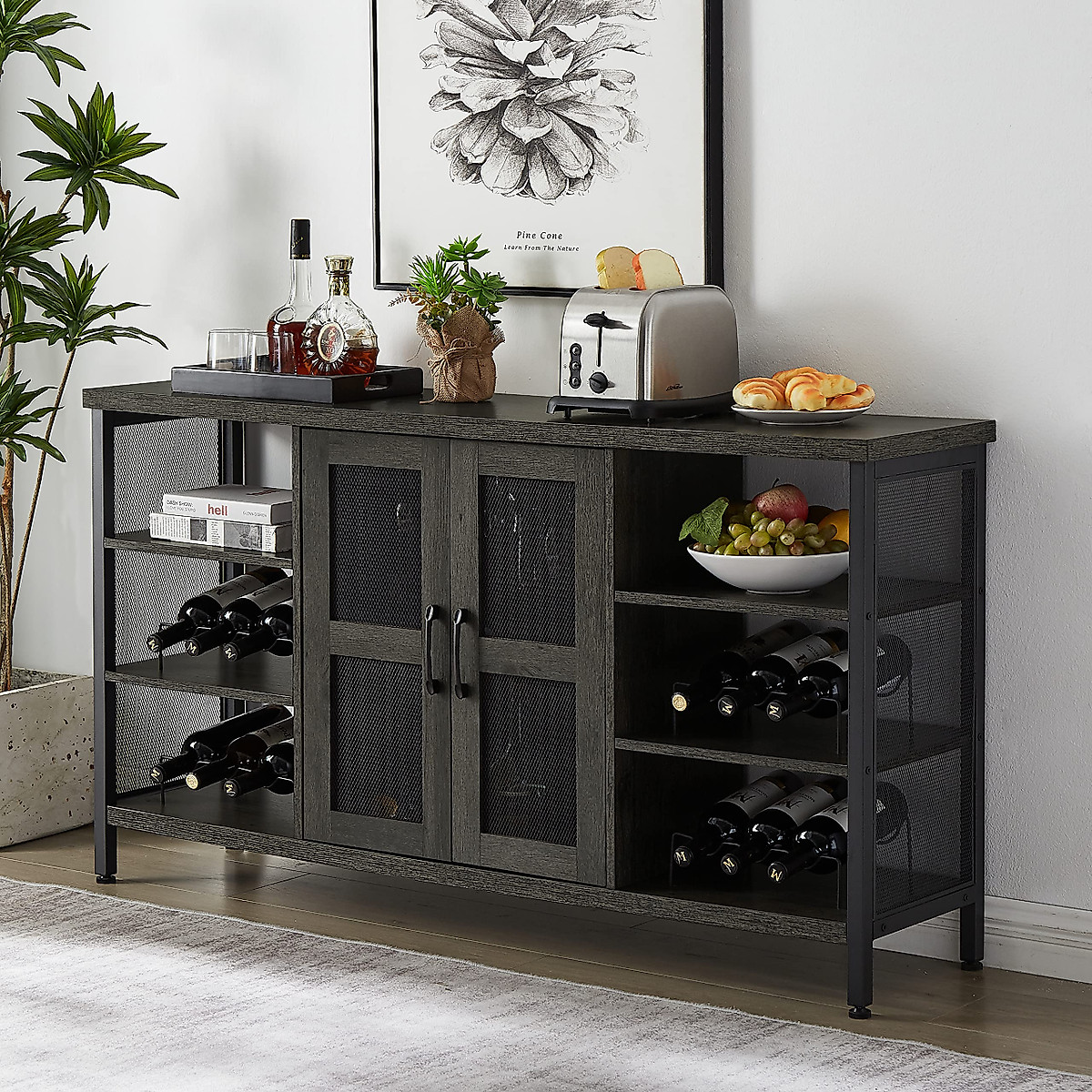 Tiophome Industrial Bar, Liquor Storage Credenza, Farmhouse Wood Coffee Cabinets with Wine Racks & Stemware Holder, Metal Sideboard and Buffet (55.12''W, Dark Grey)