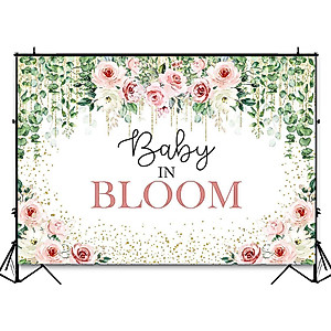 Avezano Baby in Bloom Backdrop Sage Green Leaves with Pink Flowers Baby Shower Party Decorations Baby Girl's Greenery Floral Nature Theme Photography Background Cake Table Banner (6x5ft(72x60in))