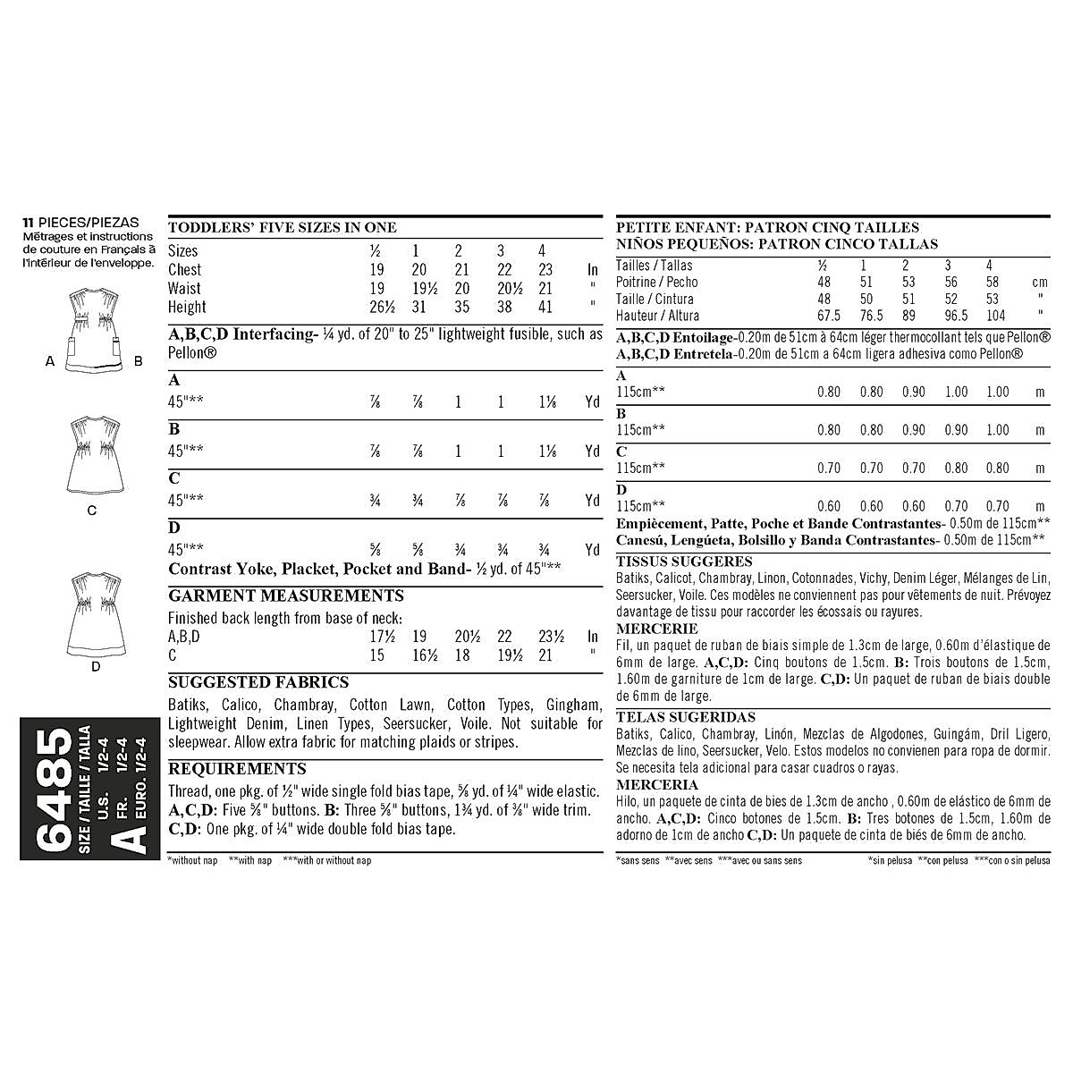 NEW LOOK Pattern 6485 Toddlers' Dress or Tunic with Fabric Variations