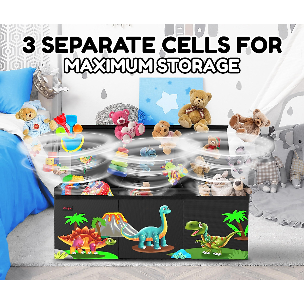 RUTIFUN Extra Large Toy Basket, Collapsible Toy Storage Organizer, Large Toy Chest Basket with Lid, Dinosaur Toy Storage Bin for Boys Girls, Toy Bins for Kids, Toy Box for Toddlers Living Room, Black