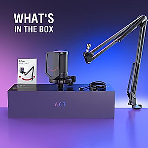 FIFINE Gaming PC USB Microphone, Podcast Condenser Mic with Boom Arm, Pop Filter, Mute Button for Streaming, Twitch, Online Chat, RGB Computer Mic for PS4/5 PC Gamer Youtuber-AmpliGame A6T