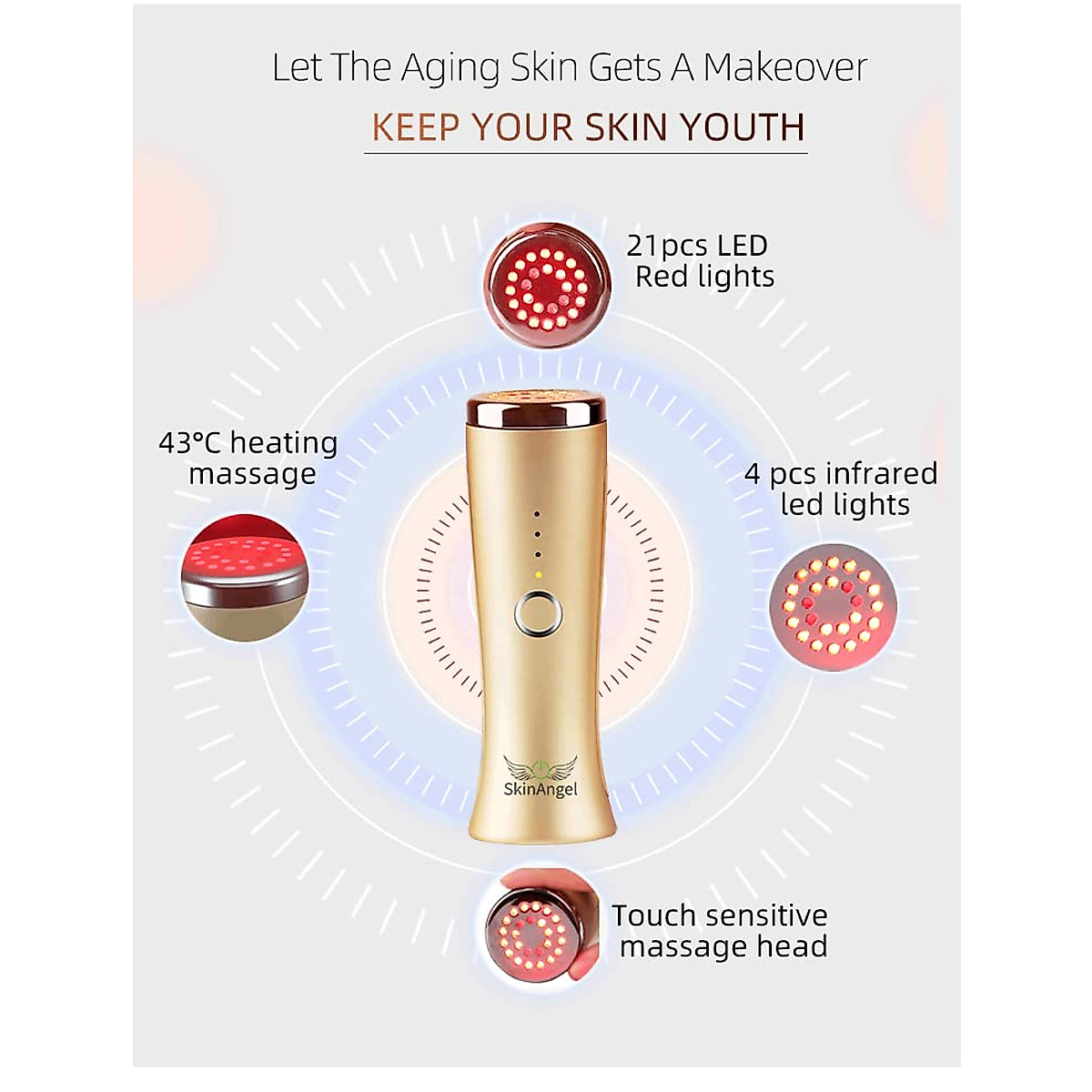 SkinAngel Red Light Therapy for Face & Neck - FDA Cleared - Infrared Skin Tightening Machine – Wand for Wrinkle Removal, Anti Aging Devices, Skin Rejuvenation - Golden