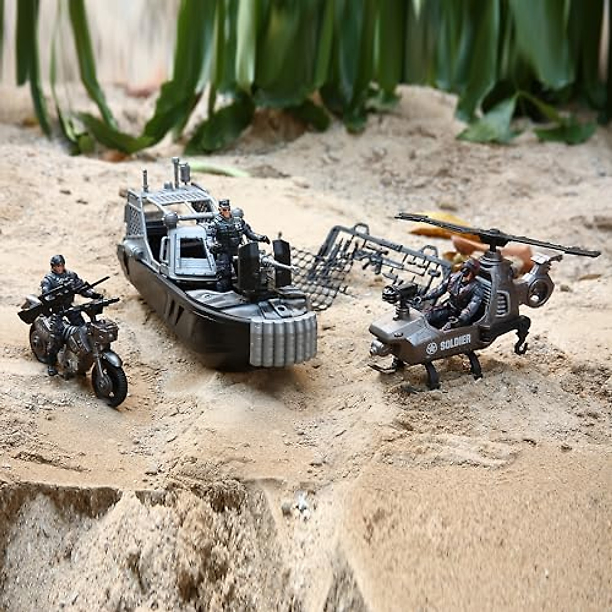 JOYIN 9 Pcs Combat Boat and Military Vehicle Toys Set with Realistic Military Combat Boat, Mini Helicopter, Motorcycle, Army Men Toy Soldiers Action Figures and Other Equipment Accessories