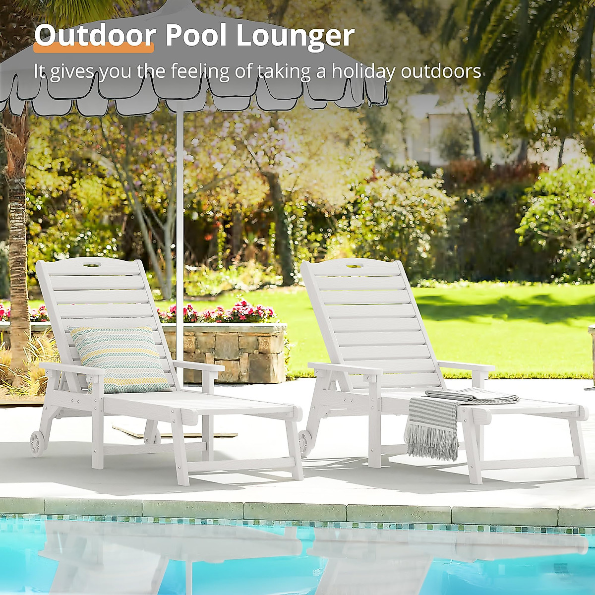 LUE BONA Outdoor Chaise Lounge Chairs Set of 2, HDPS Material, 3-Year Warranty, Patio Lounge Chair with Adjustable Backrest, Resin Pool Lounge Chairs with Wheels for Outside, Poolside, Beach, White