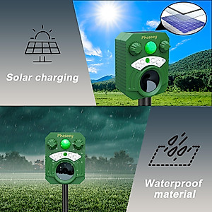 Phosooy 2 Packs Solar Ultrasonic Animal Repeller, Waterproof Mode-Adjustable Animal Deterrent Device with Flashing Strobe Lights to Repel Cats, Dogs, Squirrel, Rats, Skunks, Raccoons and Deer