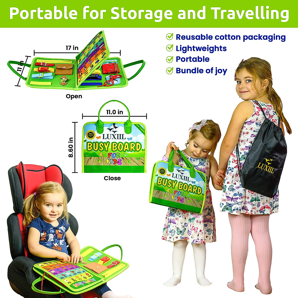 LUXIIL Busy Board Montessori Toys for Toddlers 3in1 Gifts for 1 2 3 4 5 Year Old Boys & Girls, Preschool Sensory Activity Boards Travel Boards Learning Basic Dress Skills Toys for Plane & Car (Green)