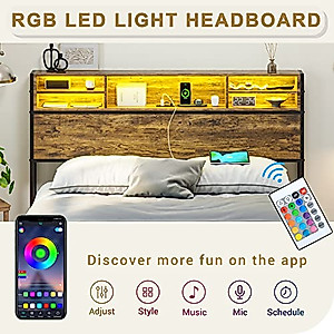 Tiptiper LED Bed Frame Queen Size with Storage Headboard, USB Ports & AC Outlets, Industrial Metal Platform Bed with LED Lights, No Box Spring Needed, Rustic Brown