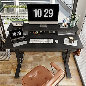 CubiCubi Electric Standing Desk with Double Drawers, 48x24 Inch Height Adjustable Sit Stand Desk with Storage Shelf, Home Office Computer Workstation, Black
