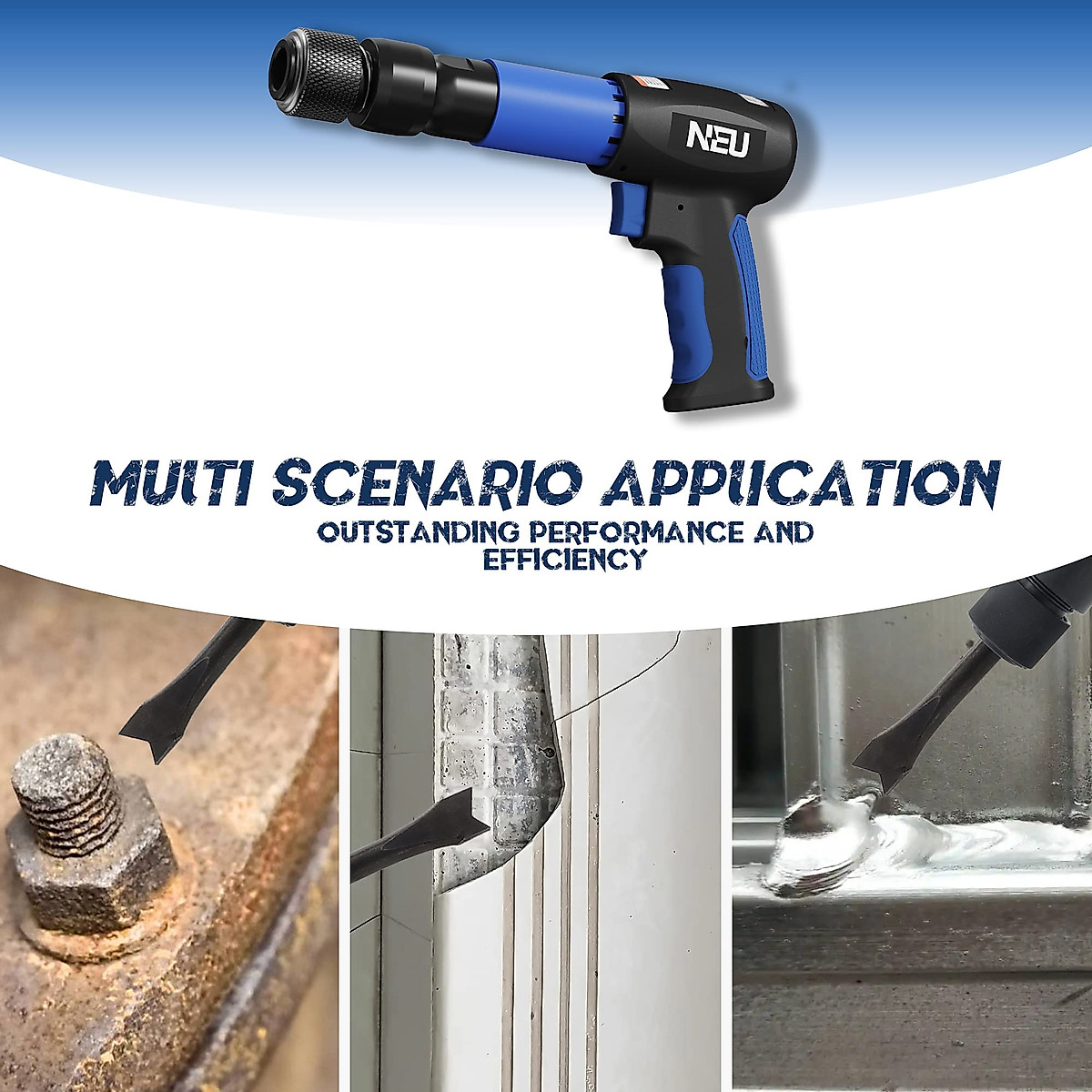 Air hammer, NEU PNEUPACTURE 250mm long barrel air chisel kit, with 4pcs chisels, with quick change retainer, 2200bpm, front exhuast, air chisel for shoveling and cutting
