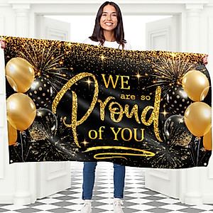 We are so Proud of You Banner - Congratulations Banner - Congratulations Decorations - Congrats Banner - Graduation Banner - Graduation Decorations for Prom - 5ft x 3ft (Black & Gold)