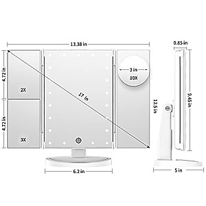 Vanity Mirror with Lights, Lighted Makeup Mirror with 2X 3X 10X Magnification, 21 LED Trifold Compact Touch Dimming Light Up Mirror, Dual Power Supply, Gifts for Women (White)