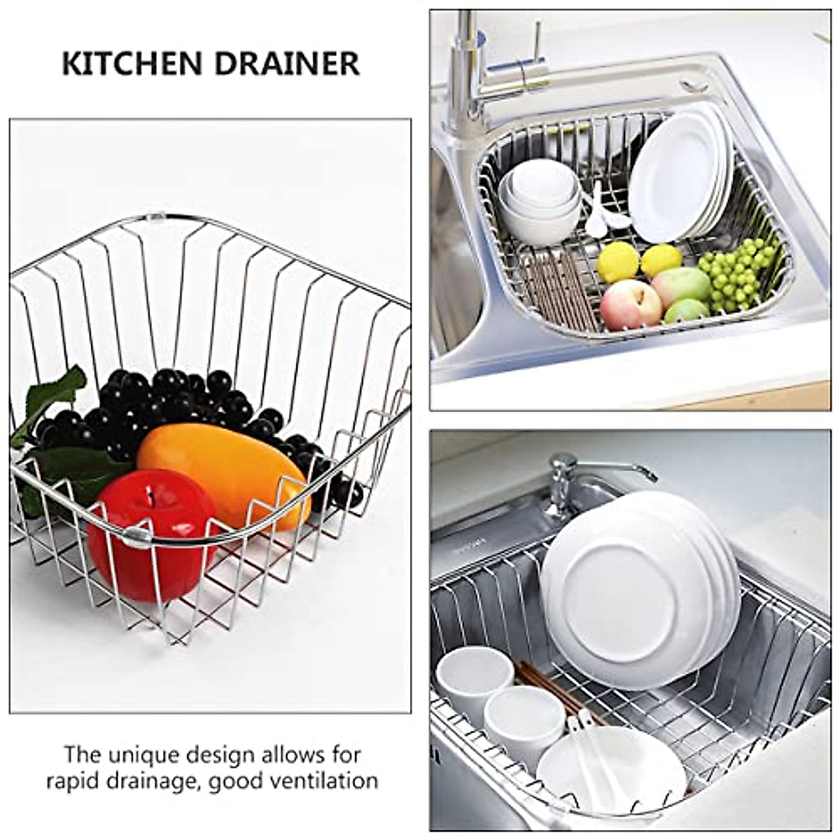 UPKOCH Cutlery Vegetable Storage Drying Holder Countertop Drain Rack Kitchen for Basket over Stainless Dish Steel Utensil Drainer Silver or Fruit Sink In Counter Tableware