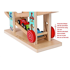 TOWO Pure Wooden Car Ramp - Zig Zag Car Slide Run with 4 Wooden Cars Playsets-Click Clack Track Wooden Car Toys for Toddlers -Racing Car Toys for Kids Boys Girls 2 3 4