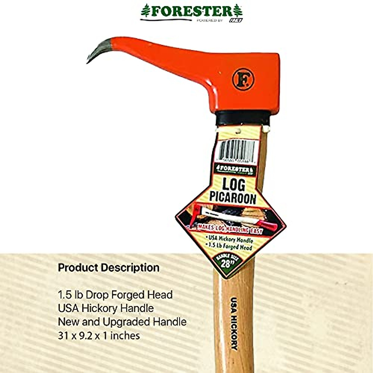 FORESTER Hookaroon Pickaroon Logging Tool - 28 Inch USA Hickory Handle Forged Steel Forestry Tools Log Hook for Lifting Wood Firewood Kindling Splitter Lifting Tools Logging Equipment Fire Wood Tools