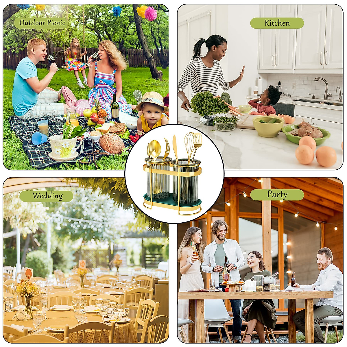 Zarnicy Kitchen Utensil Holder for Countertop - Cooking Utensils Silverware Caddy Organizer, Flatware Storage Cutlery Crock, Upgraded 2-Cups Drying Utensil Container With Drain Tray