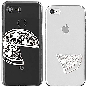 Toik Matching Couple Cases for Apple iPhone 11 Pro Xs Max Xr 10 X 8 Plus 7 6s 5s SE Cover Girlfriend Cute Anniversary Boyfriend Sketch Slice Pizza Slim Drawing Design Simple BFFs Protective Flexible