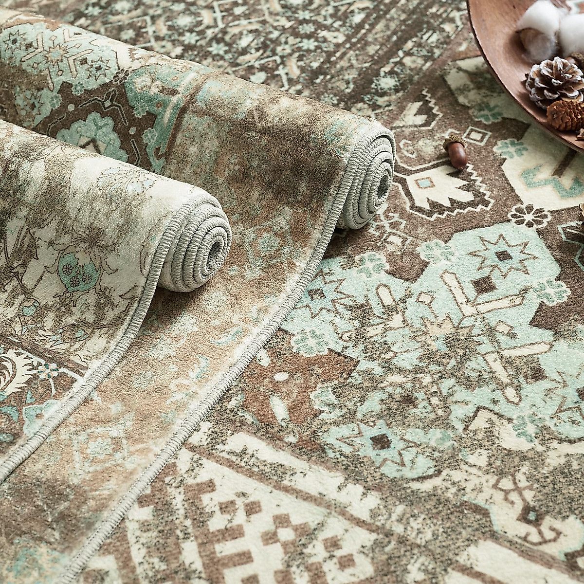 jinchan Boho Area Rug 2x3 Vintage Entryway Rug Patchwork Washable Rug Tribal Doormat Kitchen Rug Floral Print Rug Decor Indoor Non Slip Soft Carpet for Bedroom Bathroom Home Office Brown/Teal