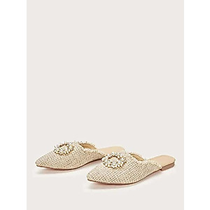 WDIRARA Women's Pointed Toe Flat Mules Slip On Faux Peals Raw Trim Loafer Slides Beige EUR39