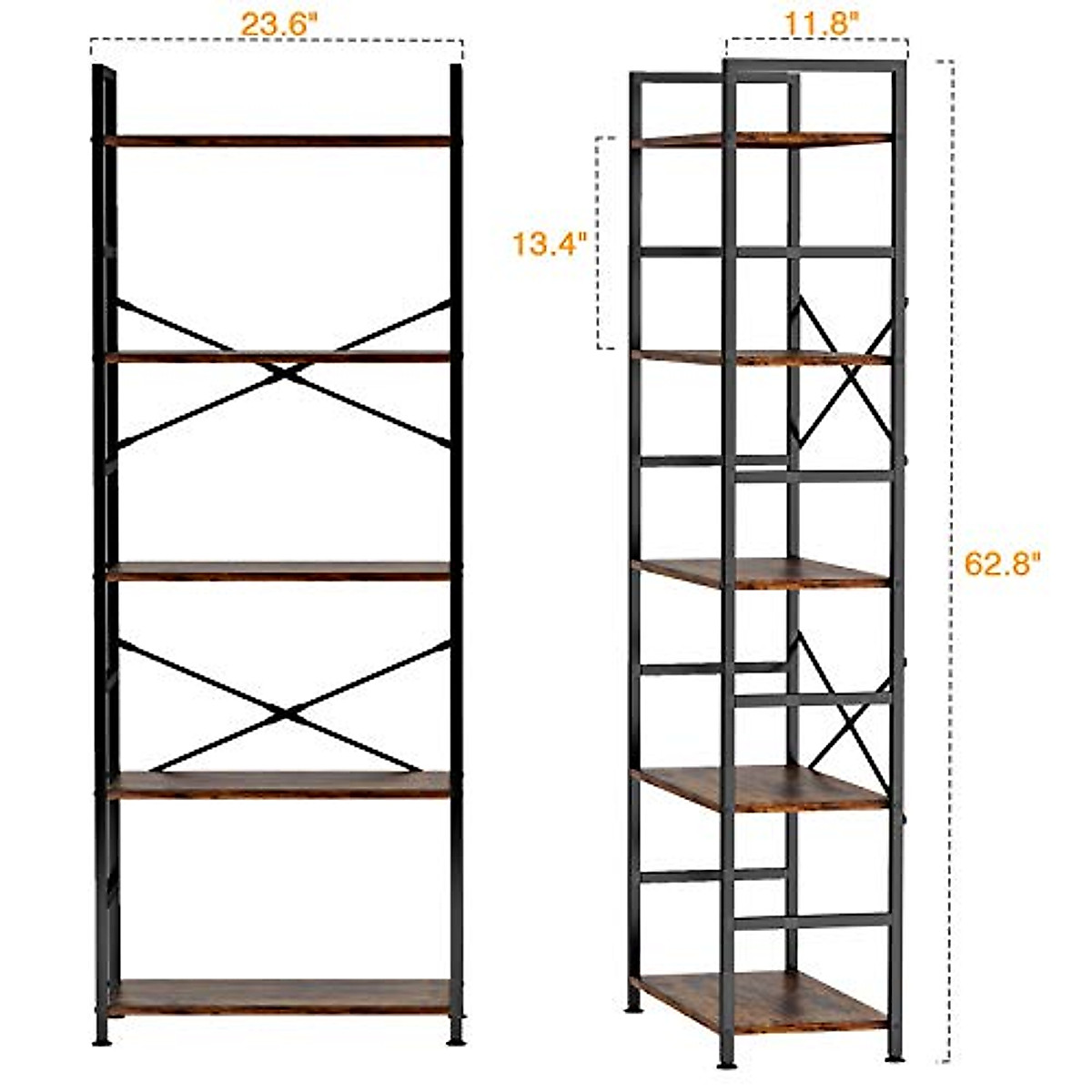 CosyStar 5-Tier Tall Bookcase, Rustic Wood and Metal Standing Bookshelf, Industrial Vintage Book Shelf Unit, Open Back Modern Office Bookcases