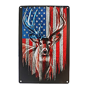 Hunting Metal Tin Sign Wall Man Cave Decor Poster, American Flag Deer Vintage Sign Metal Poster Plaque for House Bar Pub Wall Art Sign-12x8 In