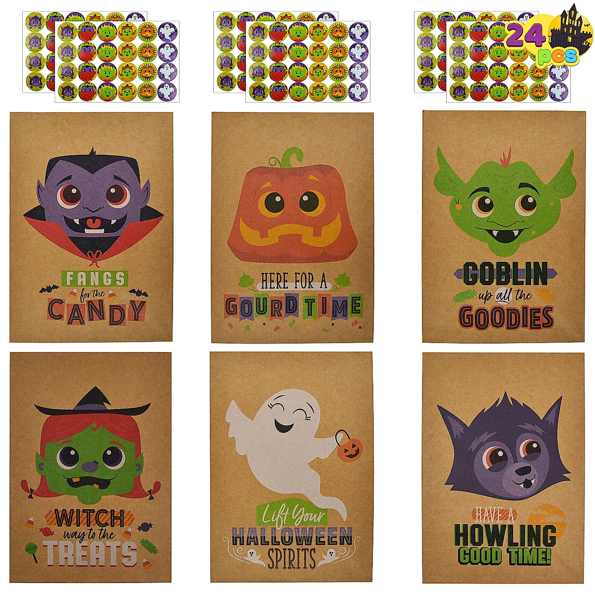 JOYIN 24 PCS Halloween Kraft Paper Treat Bags with Character Designs, Halloween Candy Bag with Kraft Paper Bag & Sticker, Halloween Candy Gift Bags for Party Favor Party Supplies