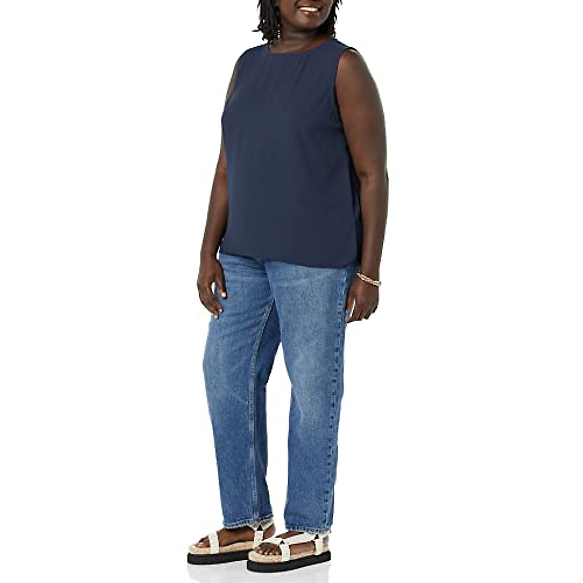 Amazon Essentials Women's Regular-Fit Sleeveless Layering Tank Top Crew Neck, Navy, Large
