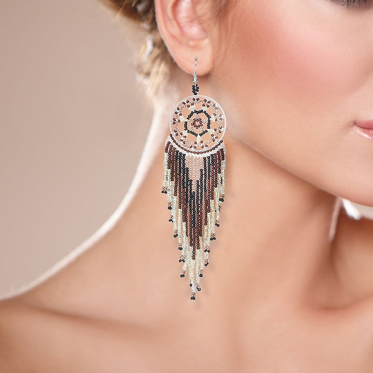 Tarsus Bead Earrings Dangle for Women Seed Bead Dream Catcher Women Hypoallergenic Beaded Native American(Gray)