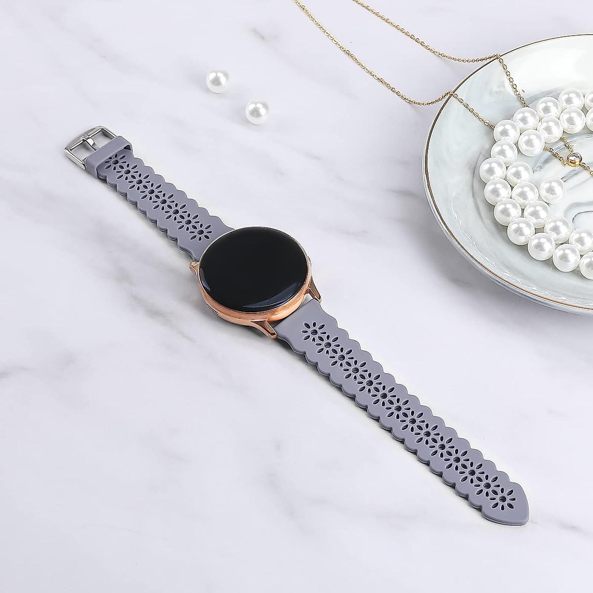 Lace Silicone Band 20mm Compatible for Samsung Galaxy Watch 4/5/6/Active Band 40MM 44MM,Galaxy Watch 4/6 Classic 46MM 42MM 43MM 47MM/Watch 5 Pro/Watch 3 41mm, Soft Silicone Strap for Women (Lavender Grey)